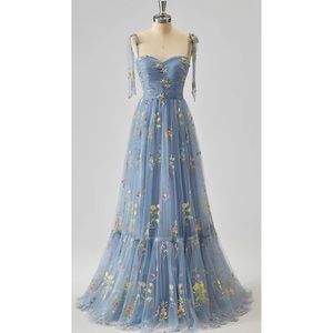 Dresses | Womens Powder Blue Long Tulle Floral Dress | Poshmark